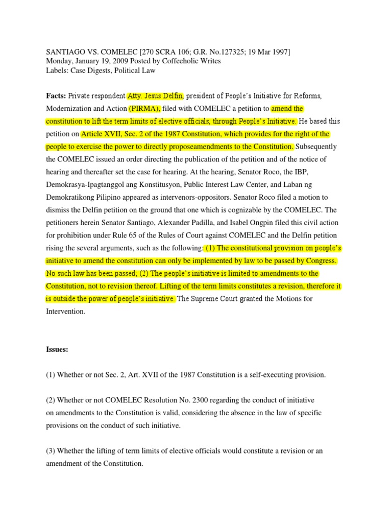 Santiago vs. COMELEC, 270 SCRA 106 PDF | PDF | United States ...