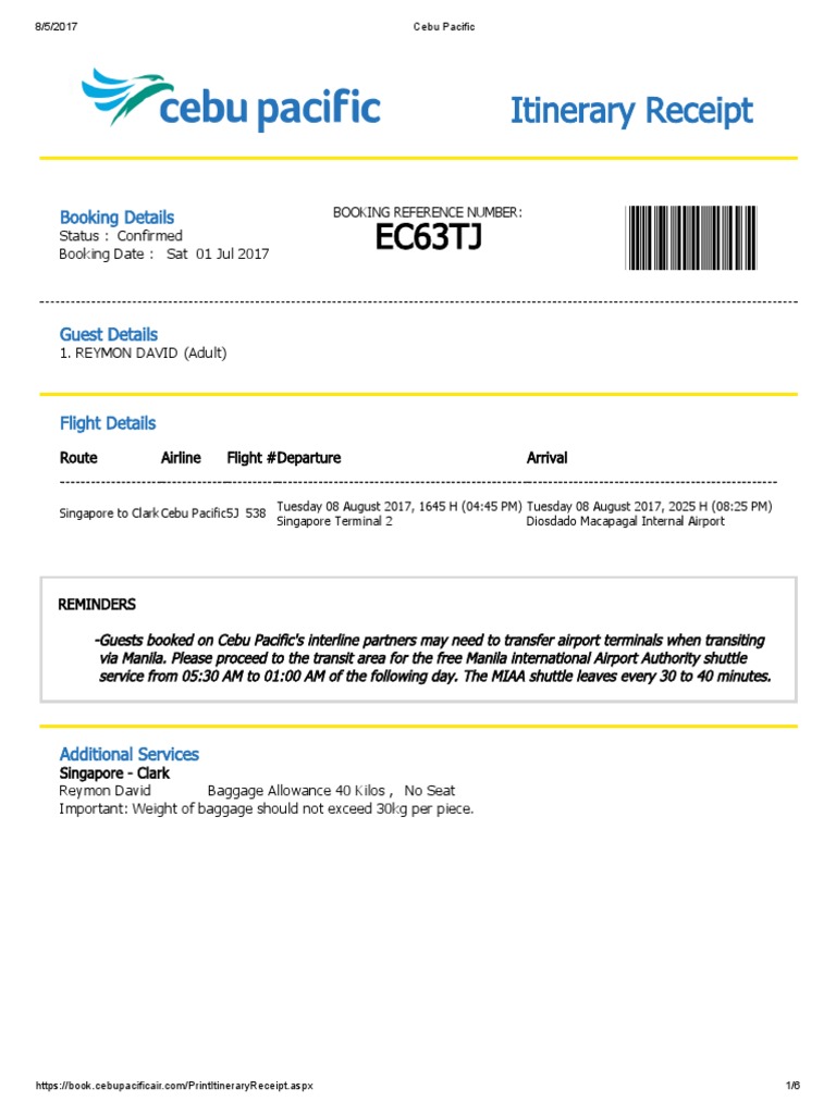 Cebu Pacific Itinerary and Flight Details | PDF | Aviation | Transport
