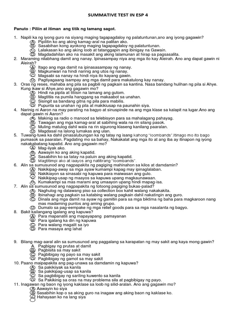 Summative Test in Esp 4 | PDF