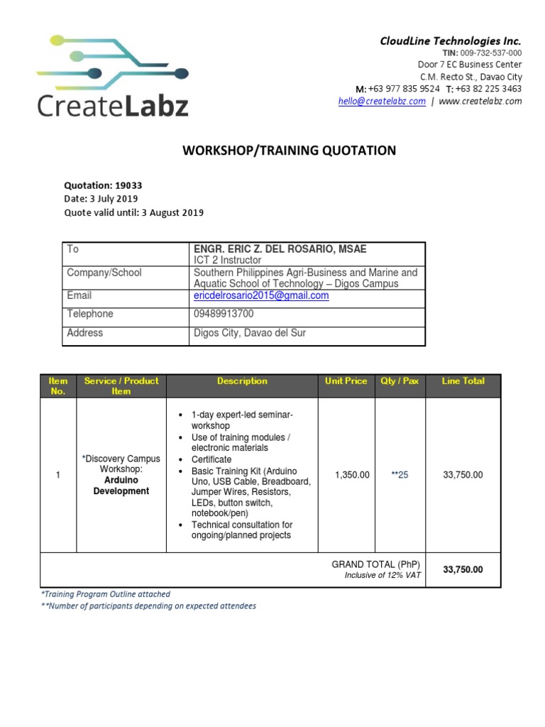 Workshop/Training Quotation | PDF | Arduino | Computer Engineering