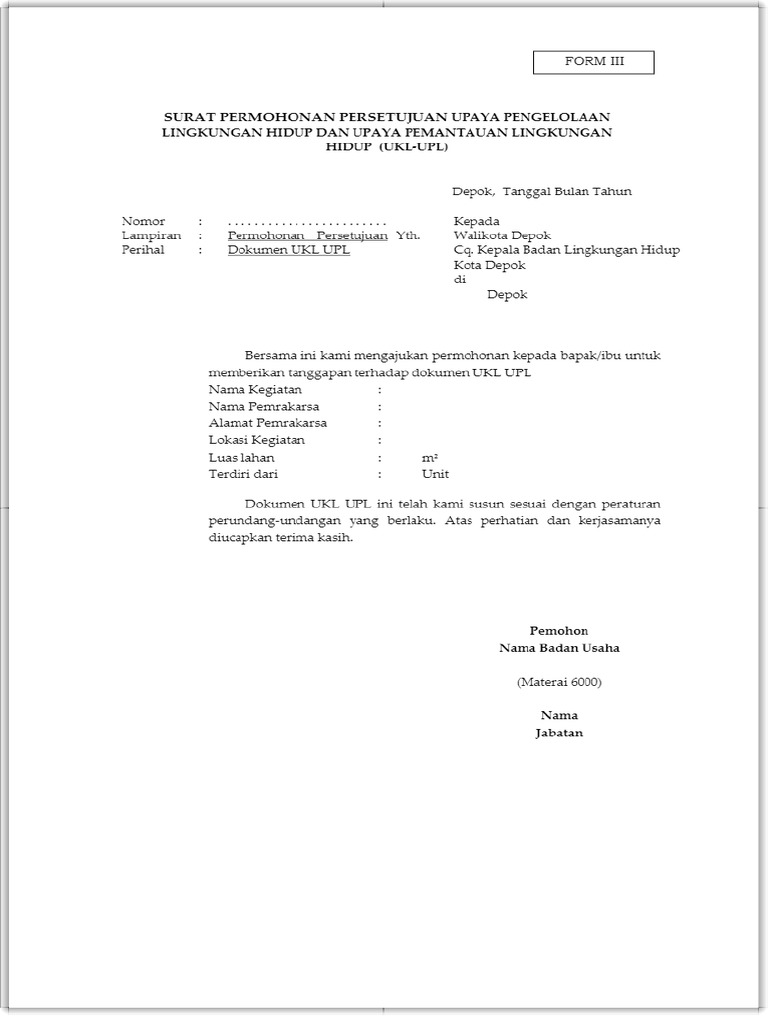 Surat Permohonan Persetujuan Upaya Pengelolaan Lingkungan Hidup Dan ...