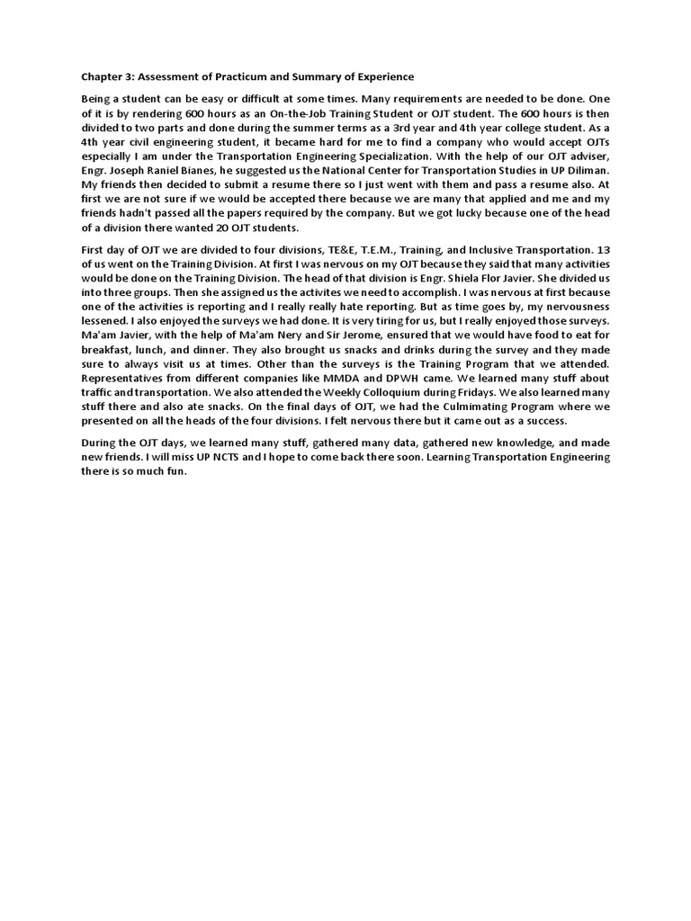 Chapter 3: Assessment of Practicum and Summary of Experience | PDF ...