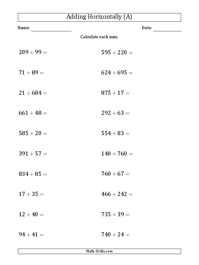 Horizontal Addition Practice Worksheet | PDF | Teaching Methods & Materials