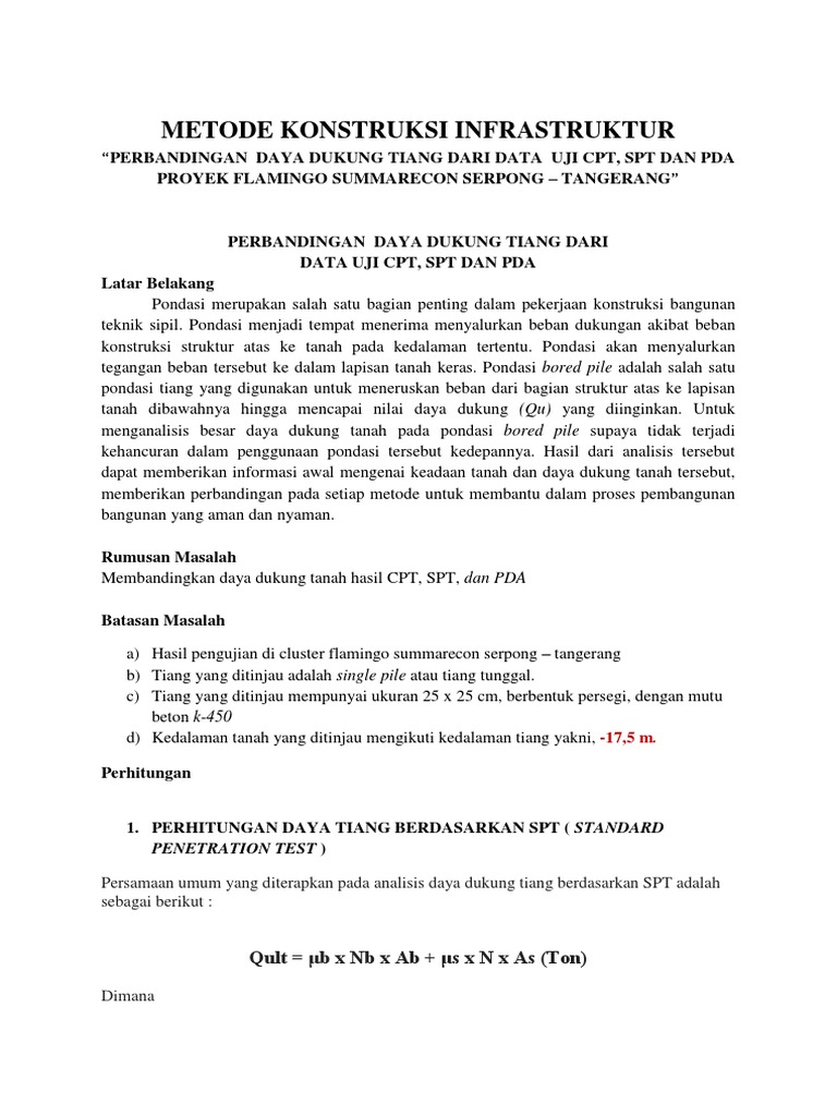 Perbandingan Daya Dukung Tiang Dari Data Uji CPT, SPT Dan Pda Proyek ...