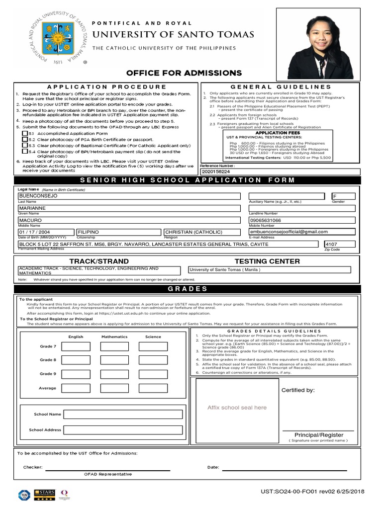 UST Application PDF | PDF | University And College Admission | Birth ...