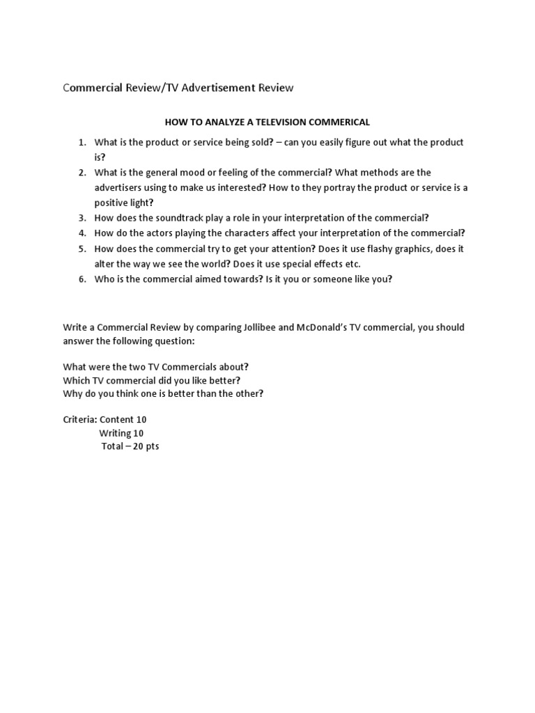Commercial Review/TV Advertisement Review: How To Analyze A Television ...
