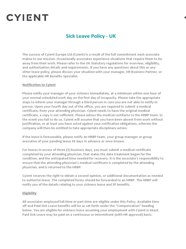 Sick Leave Policy - UK: Notification To Cyient | PDF | Sick Leave ...