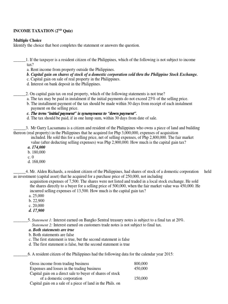 Income Tax 2nd Quiz Prelim | PDF | Capital Gains Tax | Taxes