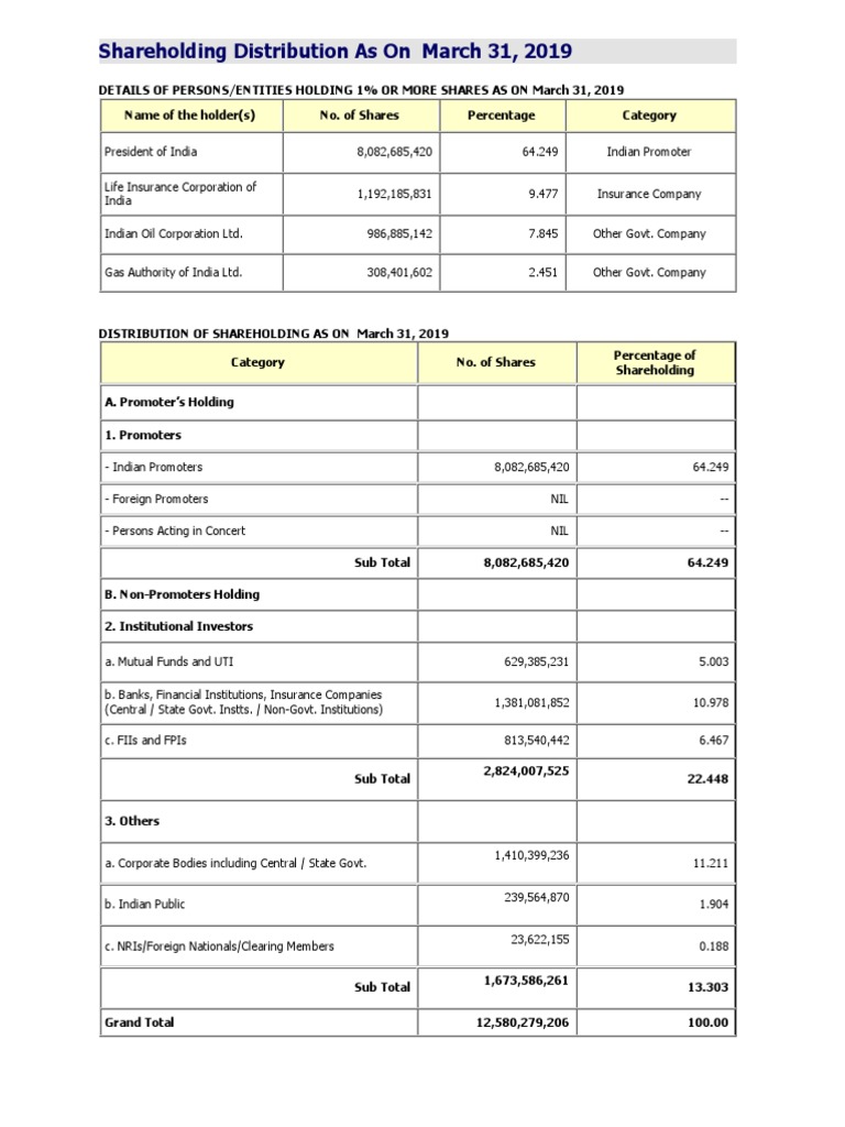 Shareholding Distribution As On March 31, 2019 | PDF | Corporations ...