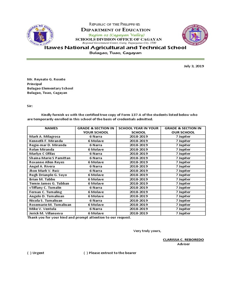 Request Letter Form 137 | PDF | Philippines