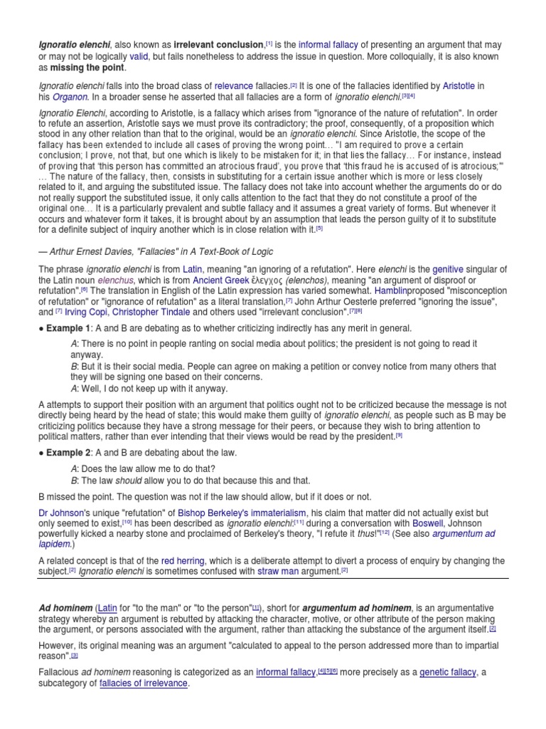 Organon: Ignoratio Elenchi, Also Known As Irrelevant Conclusion | PDF ...