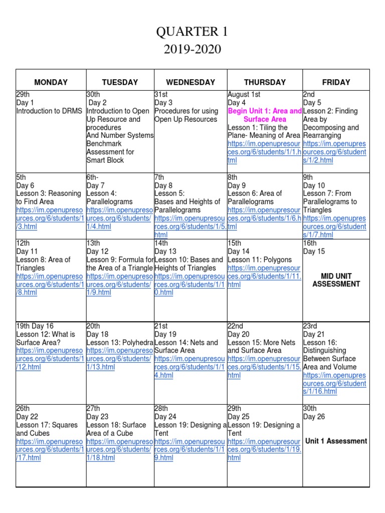 1st Quarter Math 6 Calendar | PDF | Area | Elementary Mathematics