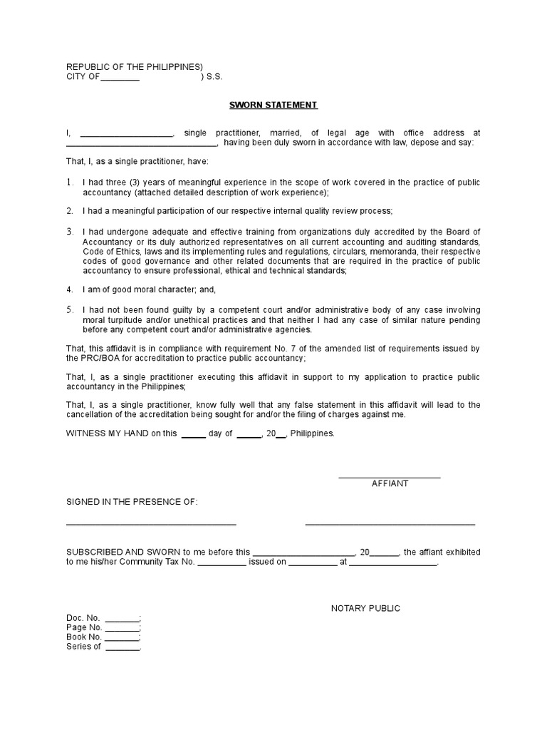 BOA Accreditation Sworn Statement | PDF | Affidavit | Accounting