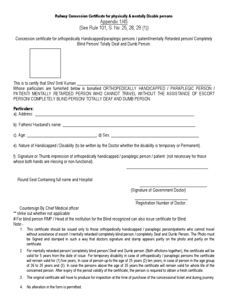 Rail Concession Certificate For Physically Disable Persons | PDF ...
