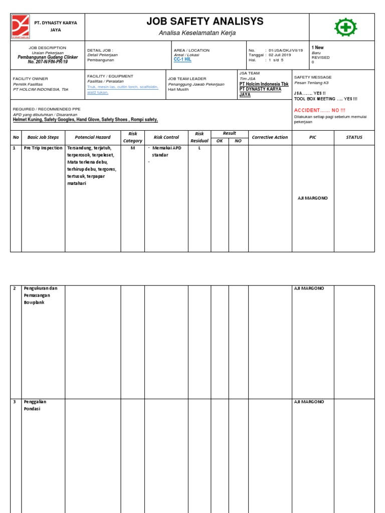 JSA HOLCIM Gudang Clinker | PDF