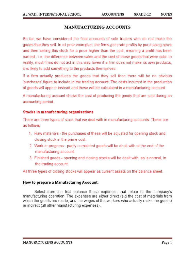 Manufacturing Accounts Notes | PDF | Debits And Credits | Cost Of Goods ...