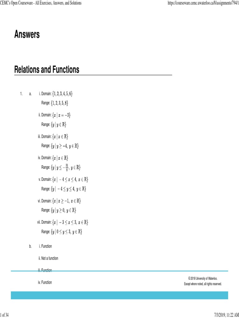 Answers: Relations and Functions | PDF | Inequality (Mathematics) | Function (Mathematics)