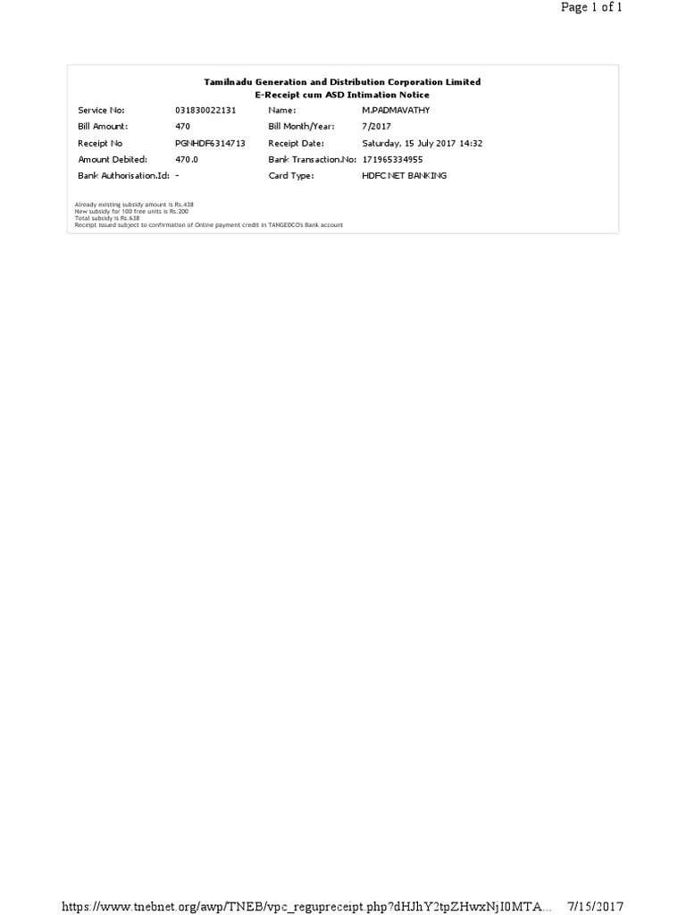 TANGEDCO E-Receipt for Bill Payment | PDF