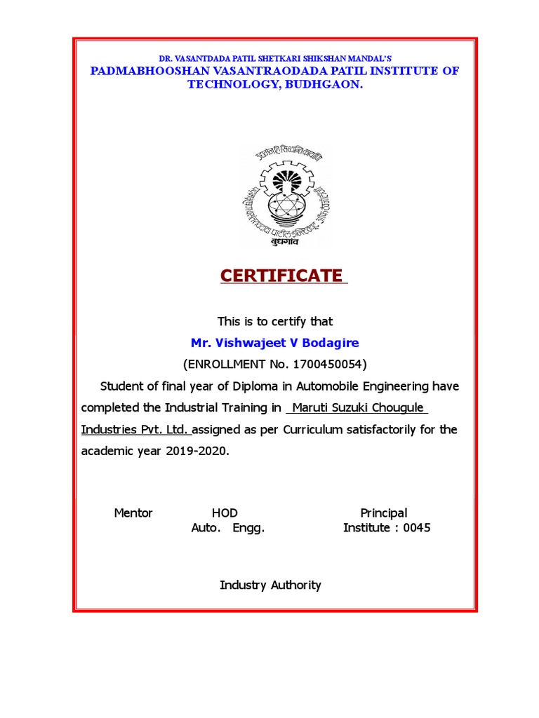 Maruti Suzuki Certificate | PDF | Engineering | Motor Vehicle