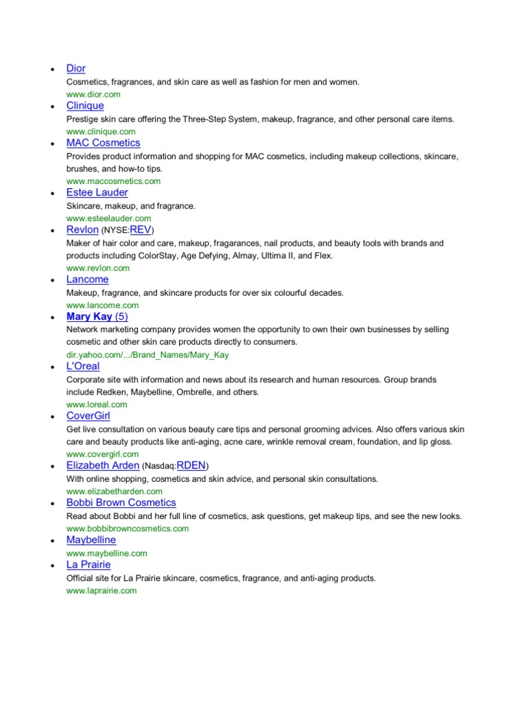 Cosmetics Brand List | PDF | Cosmetics | Toiletry