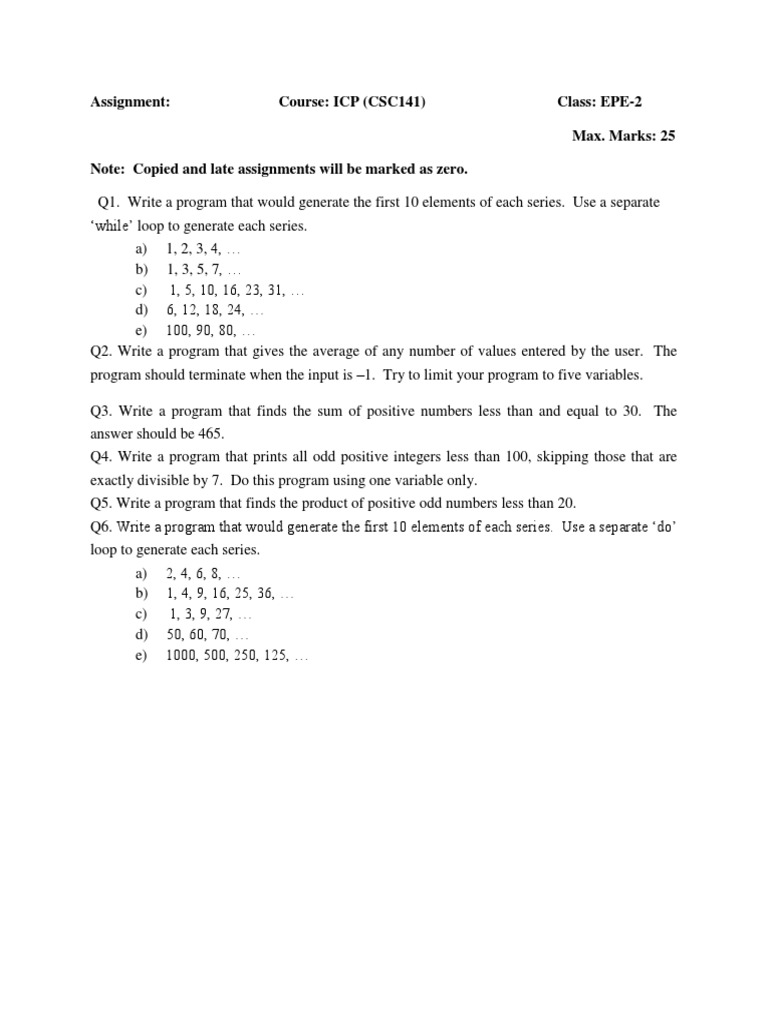 Assignment: Course: ICP (CSC141) Class: EPE-2 Max. Marks: 25 Copied and Late Assignments Will Be ...