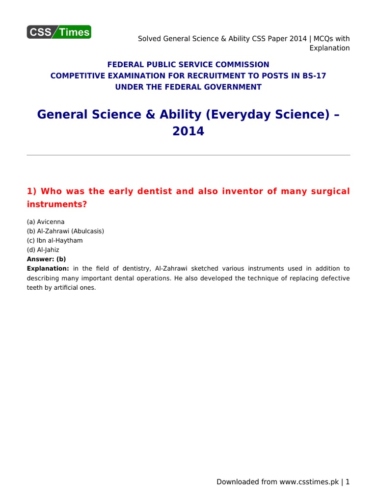 Solved General Science & Ability CSS Paper 2014 - MCQs With Explanation | PDF | Neurosis | Meteoroid