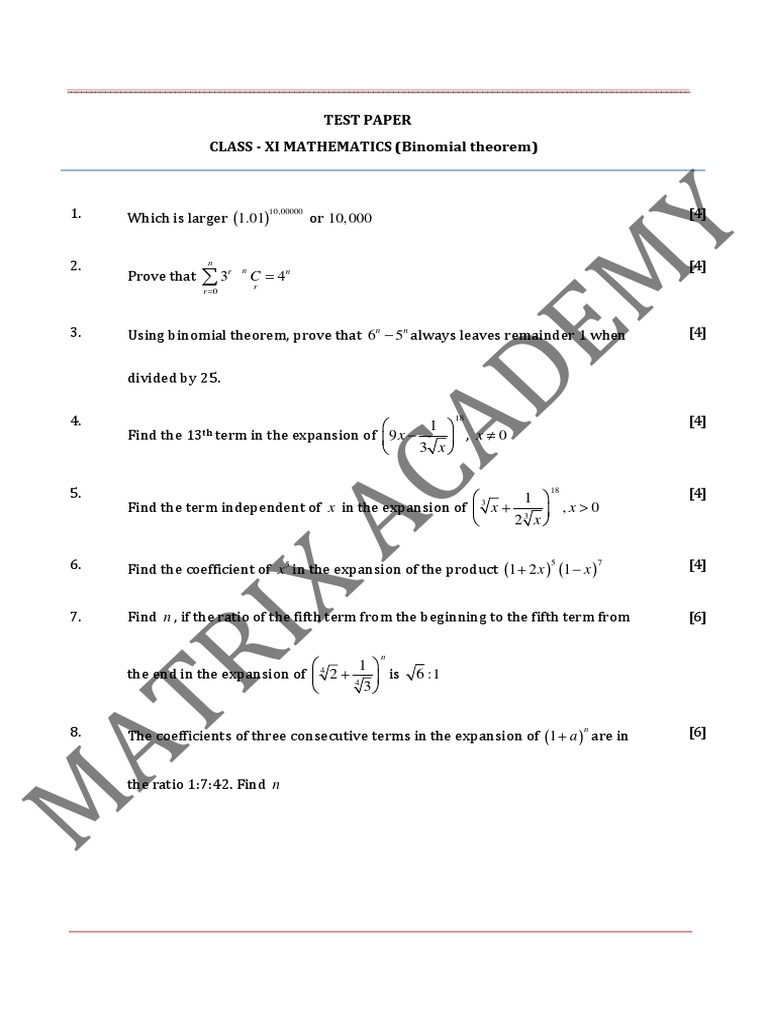 Class 11 Binomial Theorem Test Paper | PDF | Numbers | Abstract Algebra