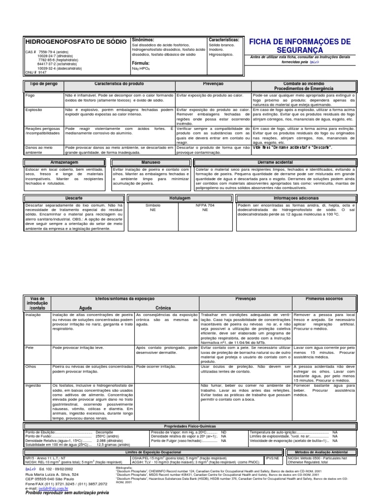 Ficha de segurança do hidrogenofosfato de sódio: propriedades, riscos e ... Ficha de segurança do hidrogenofosfato de sódio: propriedades, riscos e ...