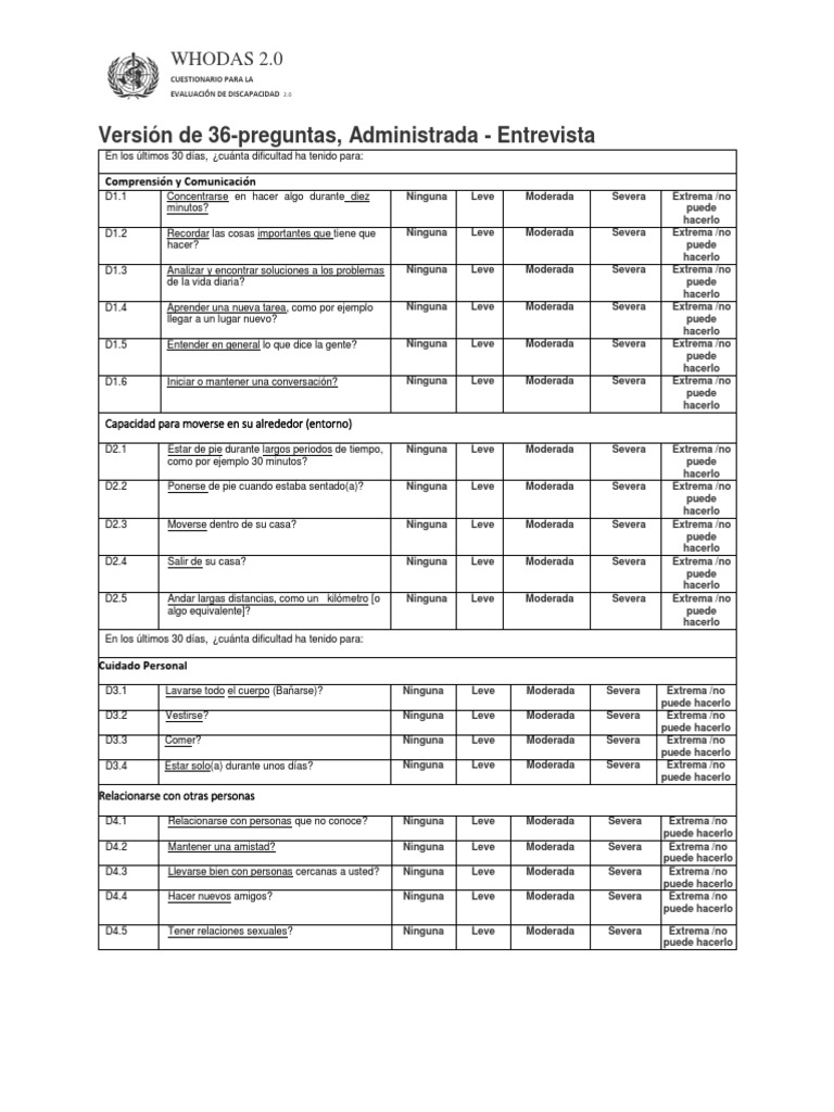 WHODAS Versión de 36 | PDF | Sicología | Conceptos psicologicos