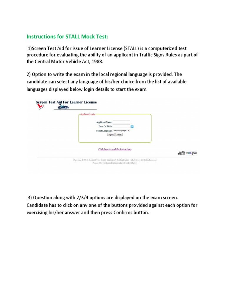Instructions For STALL Mock Test | PDF