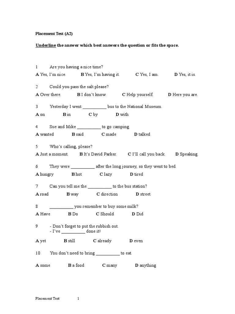 Placement Test (A2) | PDF