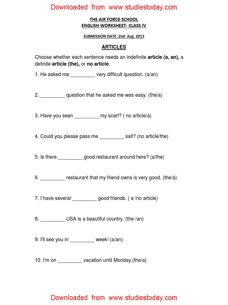 CBSE Class 4 English Revision Worksheet (77) - Articles PDF | PDF