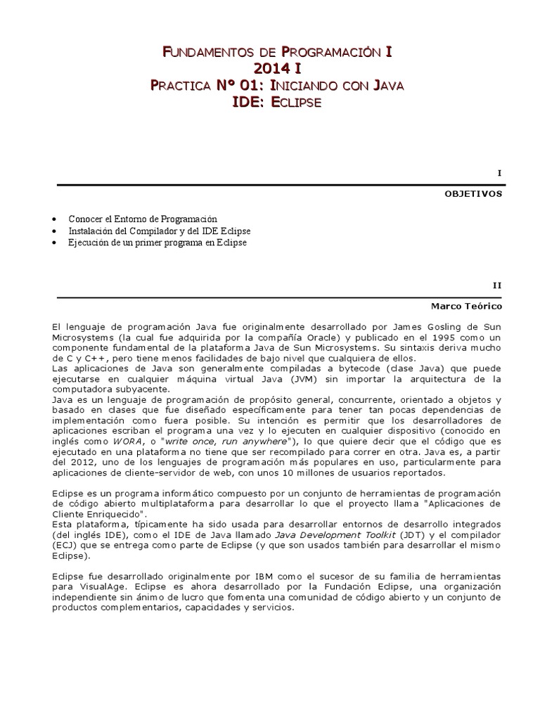 Laboratorio 1 Instalacion Eclipse y PrimerPrograma | PDF | Eclipse (software) | Java (lenguaje ...