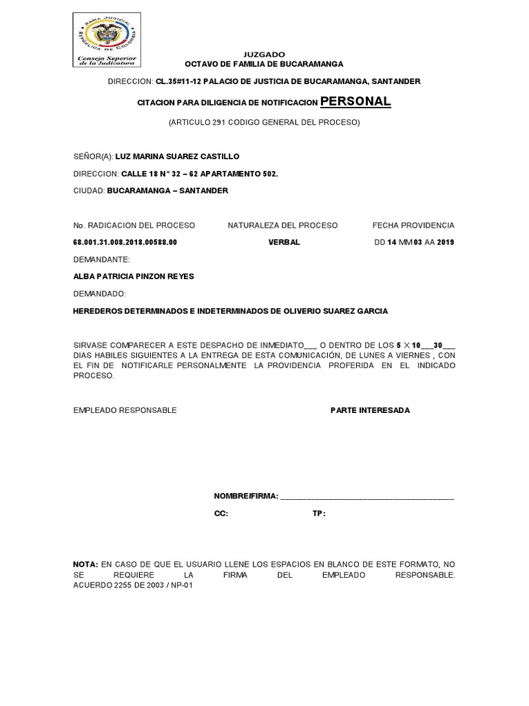 Formatos Notificacion Personal y Aviso | Gobierno | Política