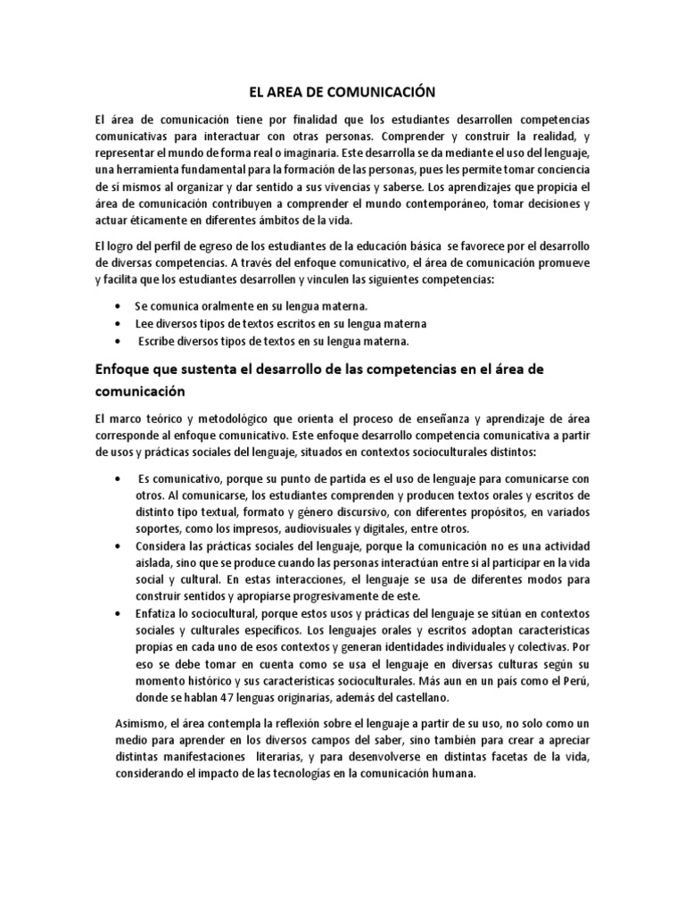 El Area De Comunicación Pdf Comunicación Aprendizaje