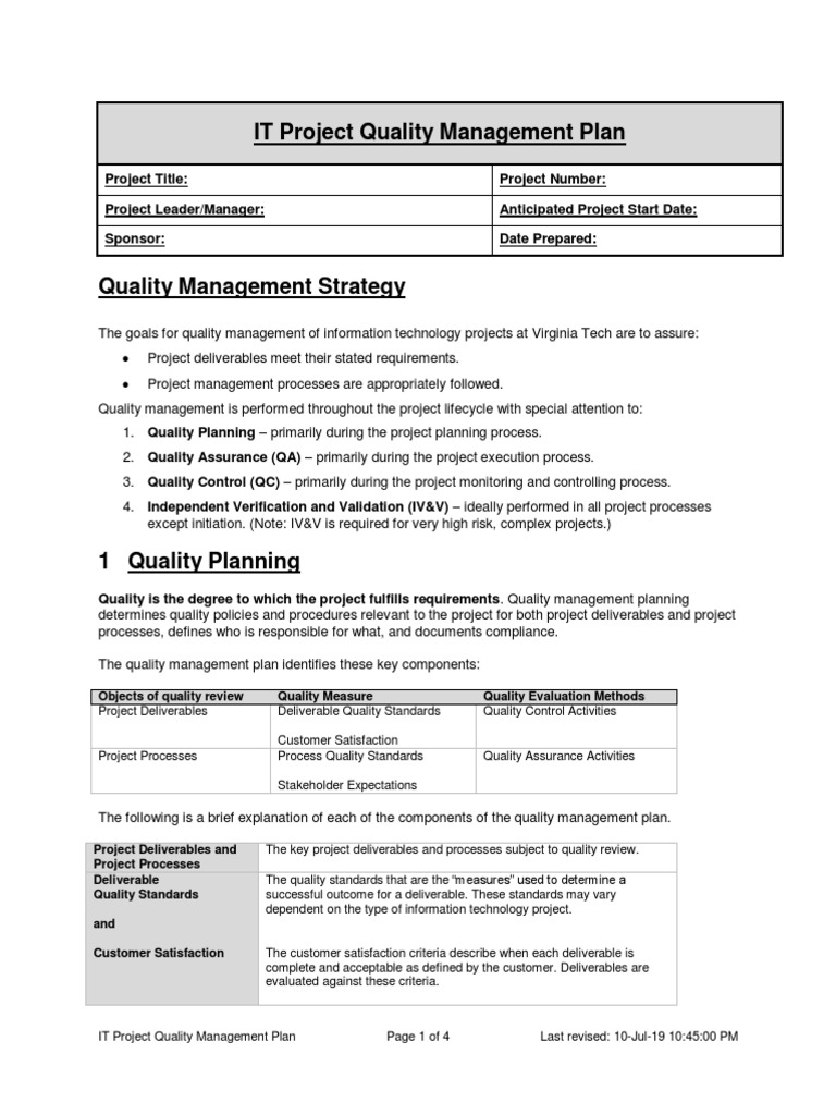 IT Project Quality Management Plan | PDF | Quality Assurance | Project ...