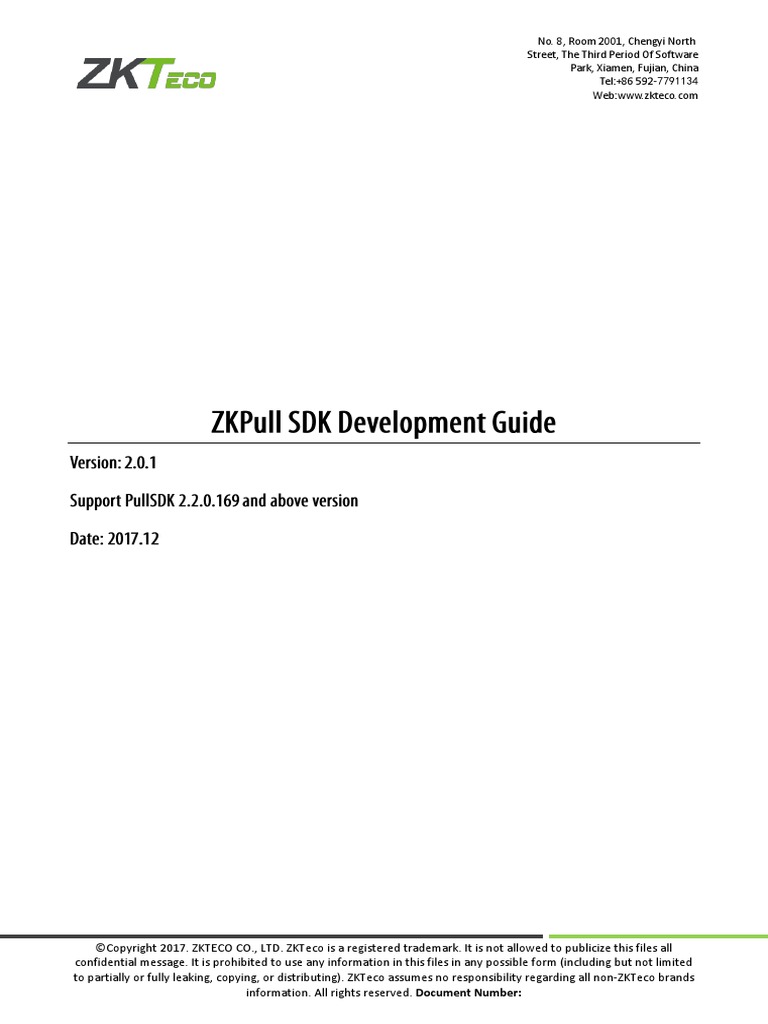 ZKTeco PullSDK Development Guide en V2.0.1 20180111 | PDF | Copyright | All Rights Reserved