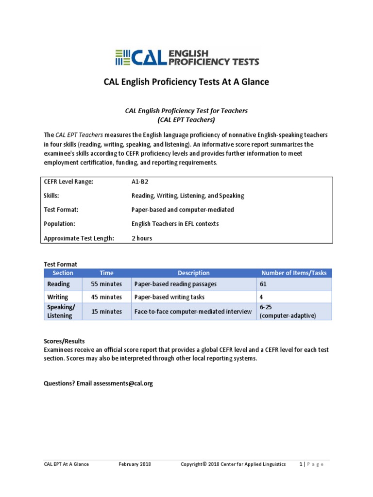 CAL English Proficiency Tests at A Glance | PDF
