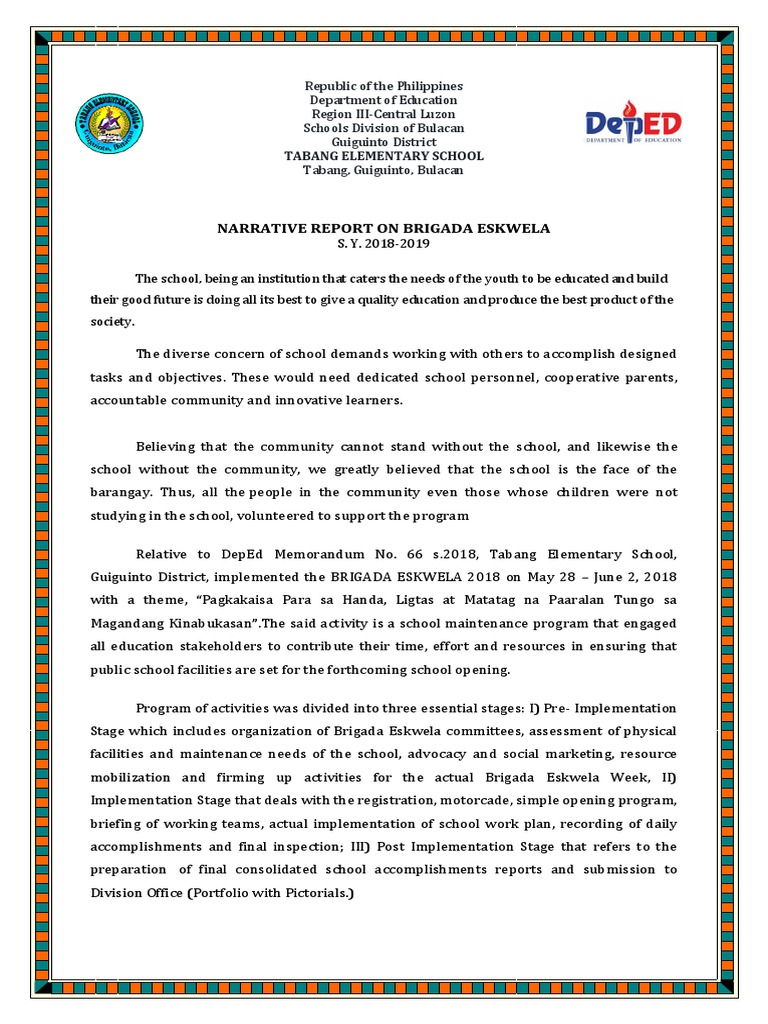 Narrative Report On Brigada Eskwela Sy 2018-2019 | PDF | Learning