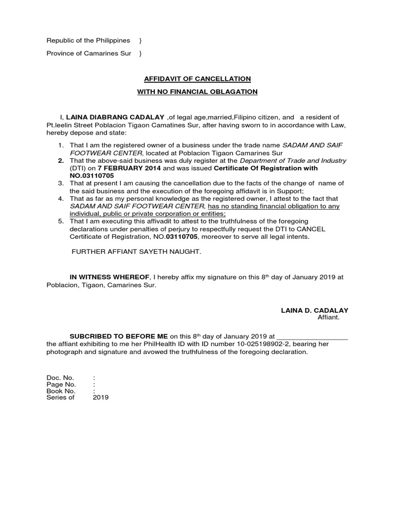 Affidavit Cancellation Business Registration No Financial Obligations ...