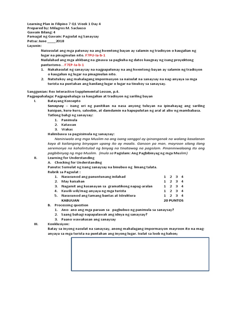 Learning Plan in Filipino 7 Q1 Week 1 Da | PDF