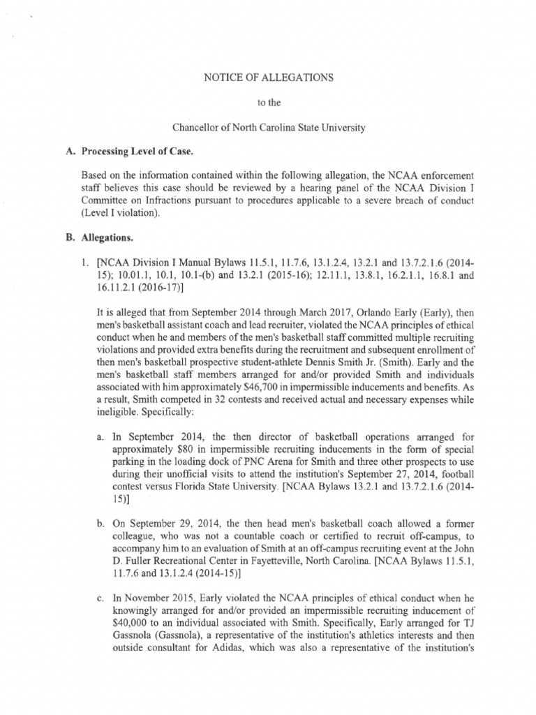 Notice of Allegations To North Carolina State | PDF