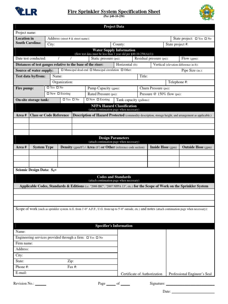 Fire Sprinkler System Specifications Sheet | PDF | Fire Sprinkler ...