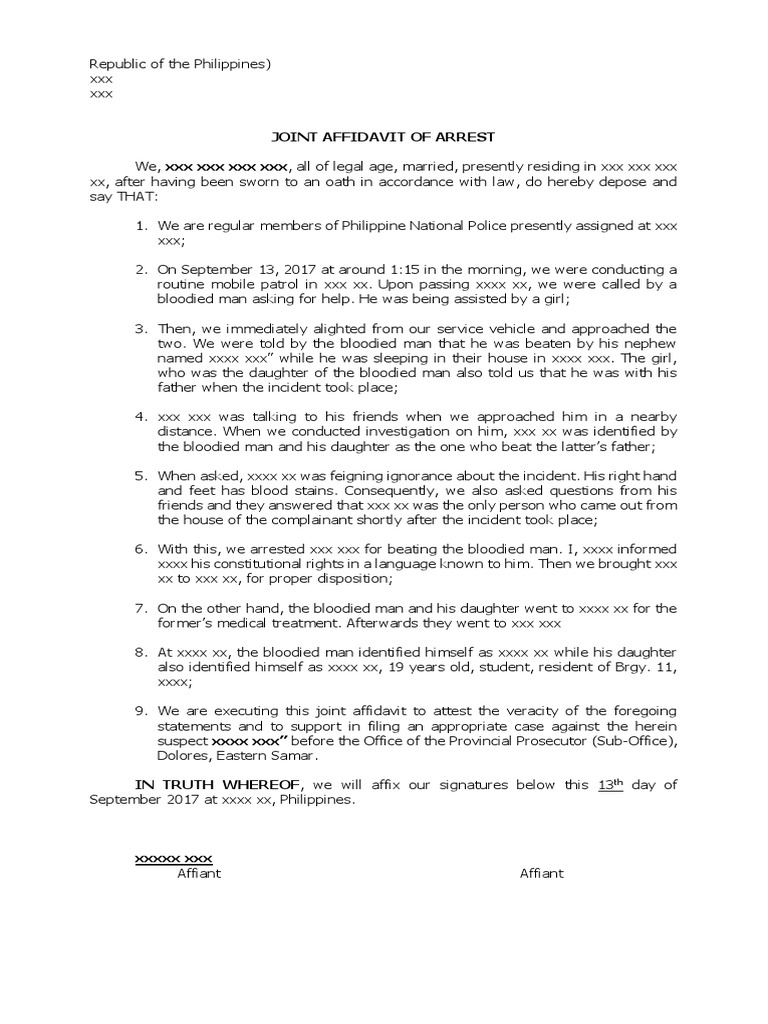 Affidavit of Arrest For Physical Injuries | PDF | Affidavit | Criminal Justice