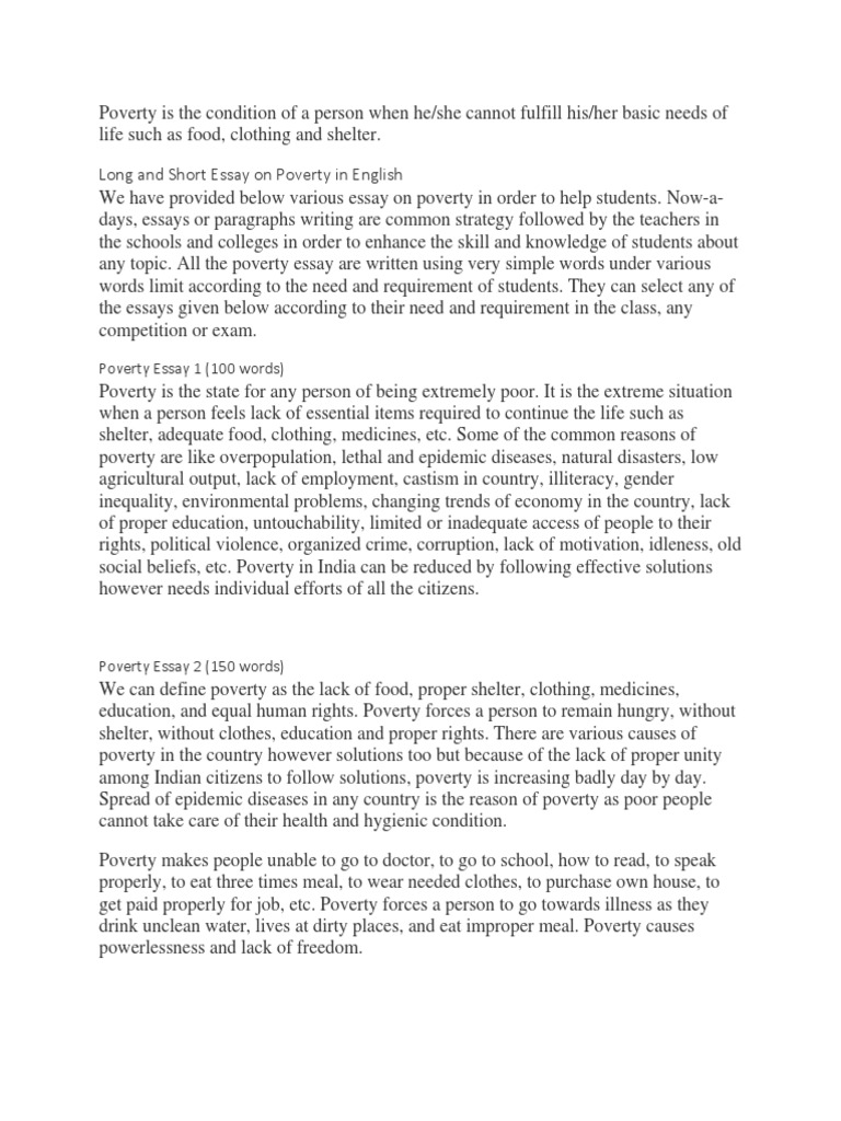 Long and Short Essay On Poverty in English | PDF | Poverty | Poverty ...