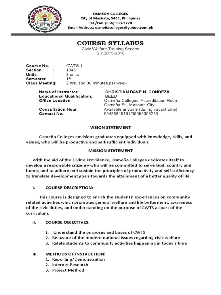 CWTS 1 Course Syllabus Overview | PDF | Leadership | Literacy