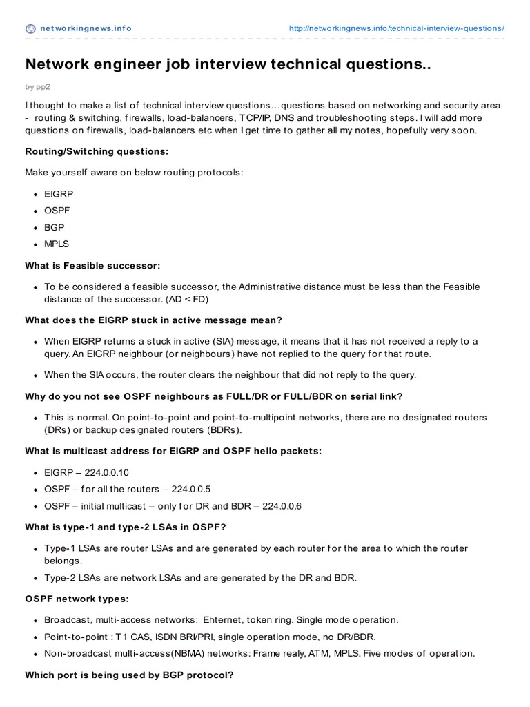 Network Engineer Job Interview Technical Questions..: by pp2 | PDF ...
