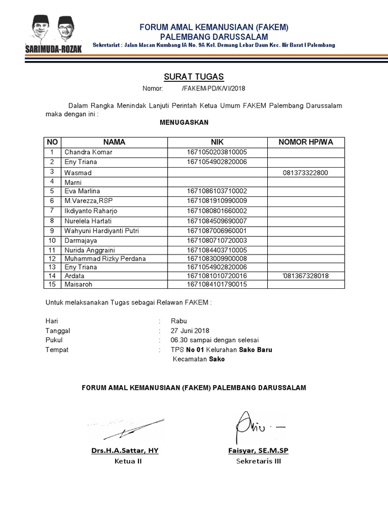 Surat Tugas Relawan Sako Baru | PDF