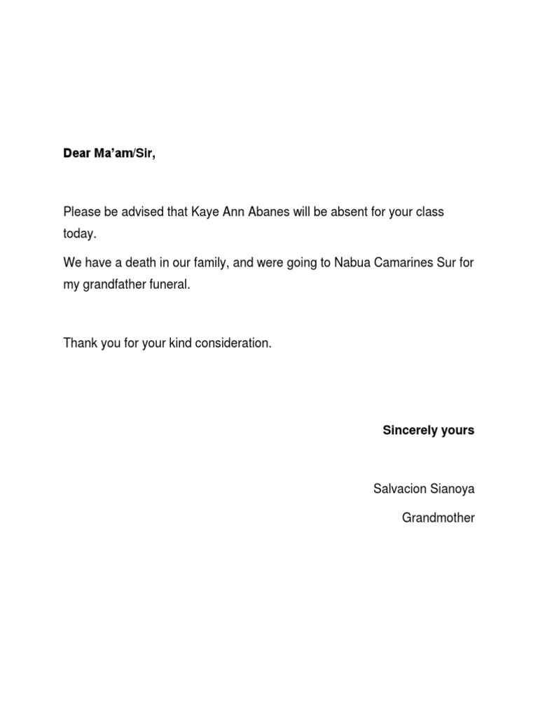 Absence Notification for Class Due to Funeral | PDF