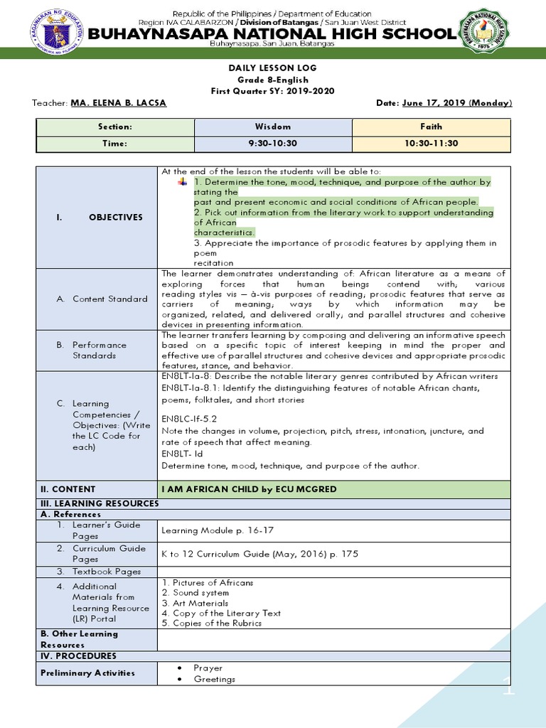 I Am An African Child Lesson Plan | PDF | Pedagogy | Learning